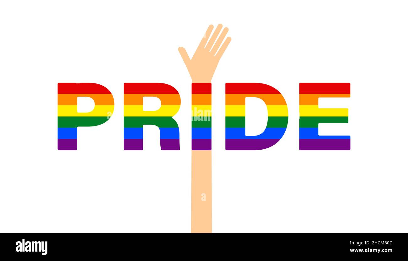 Raised hand and PRIDE word with gay pride rainbow flag design on white ...