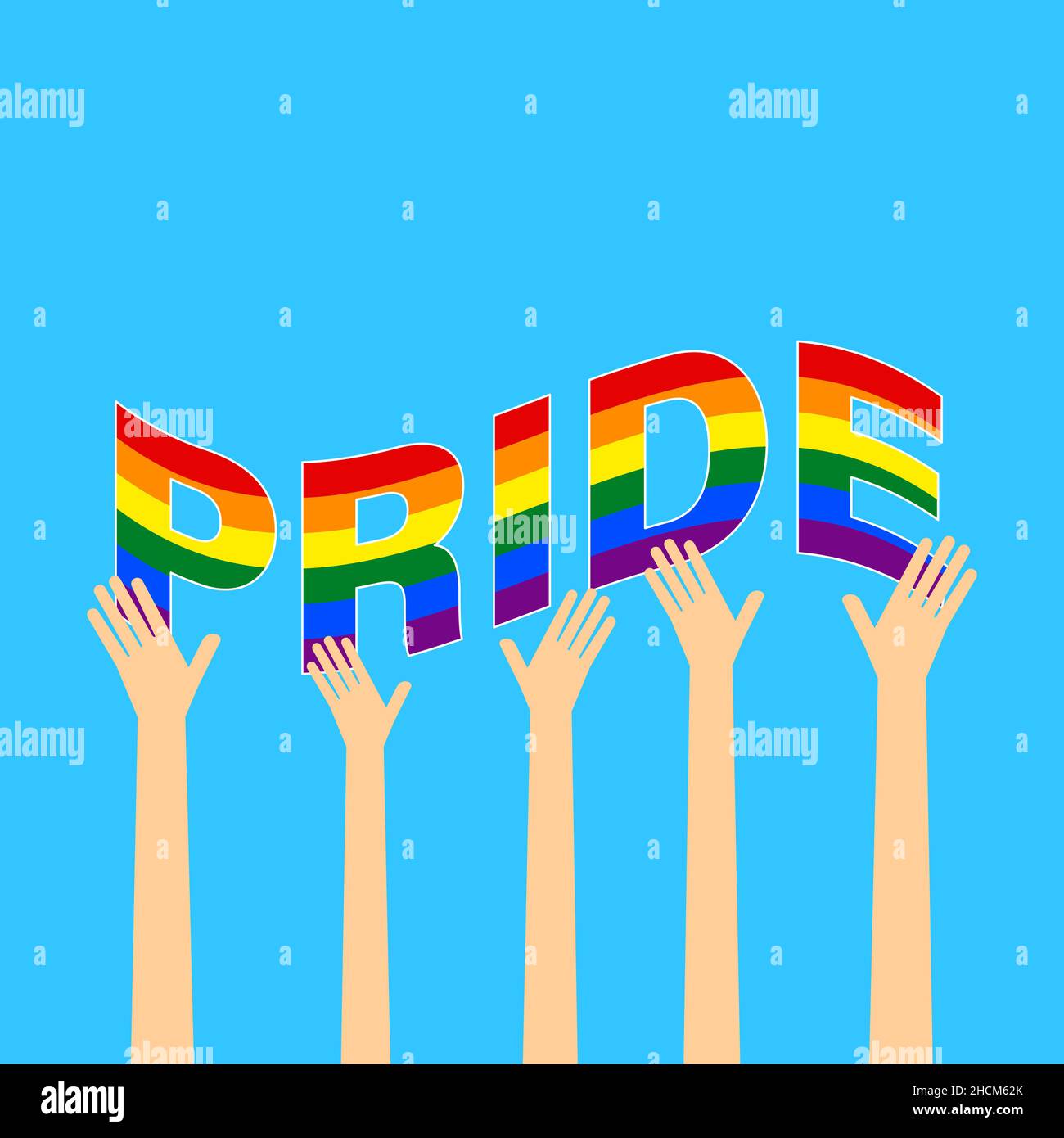 Raised hands holding together PRIDE word on blue background. LGBT gay ...