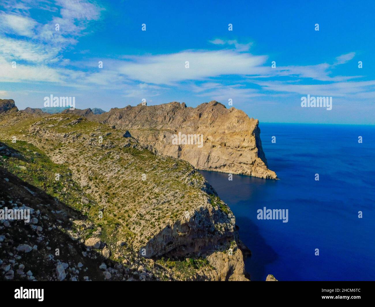 Scenic view of the Mirador Es Colomer port in Mallorca, Spain on blue ...
