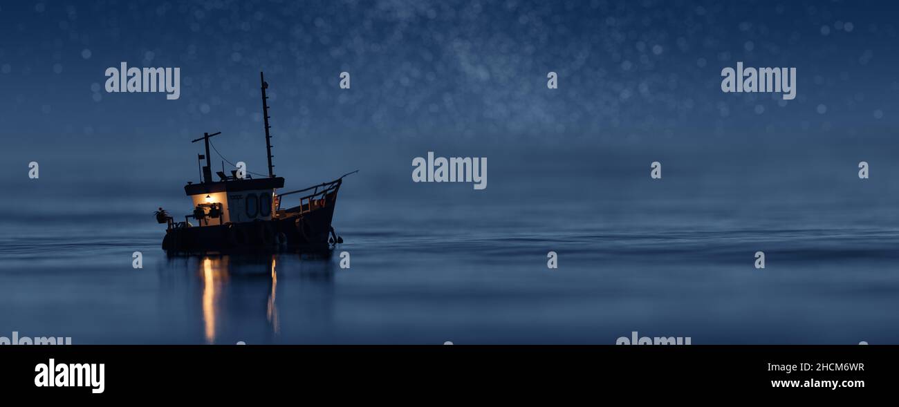 Cartoon fishing boat on calm ocean at night. Little boat in a sea under ...