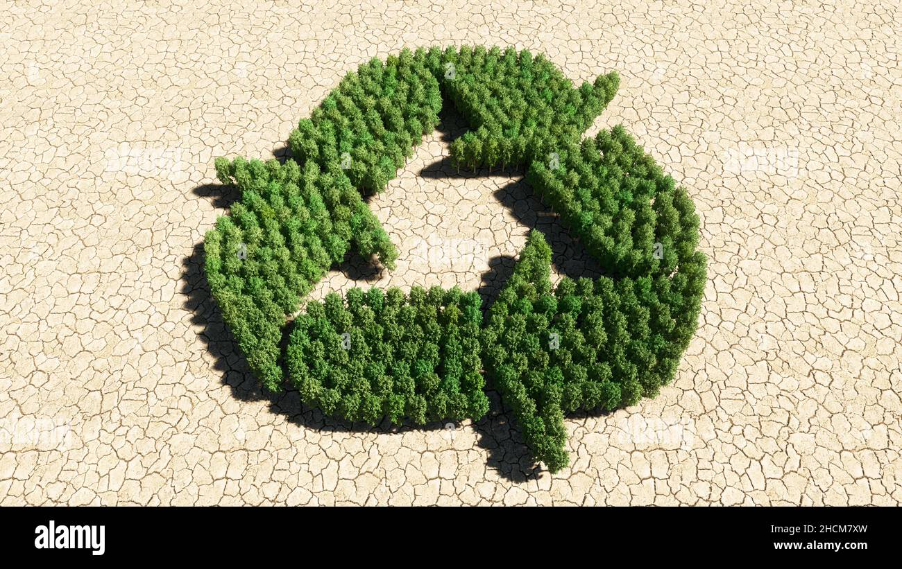 Concept or conceptual group of green forest tree on dry ground ...