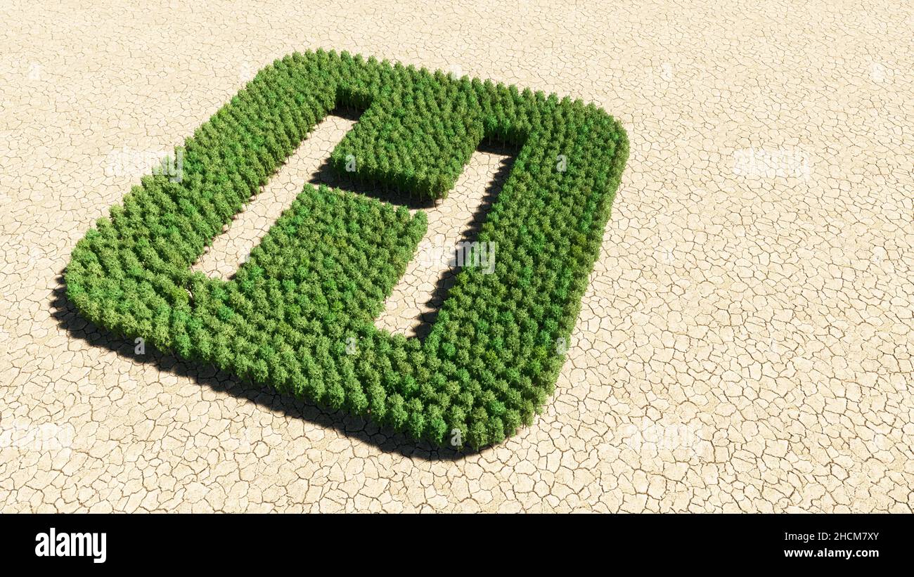 Concept or conceptual group of green forest tree on dry ground ...