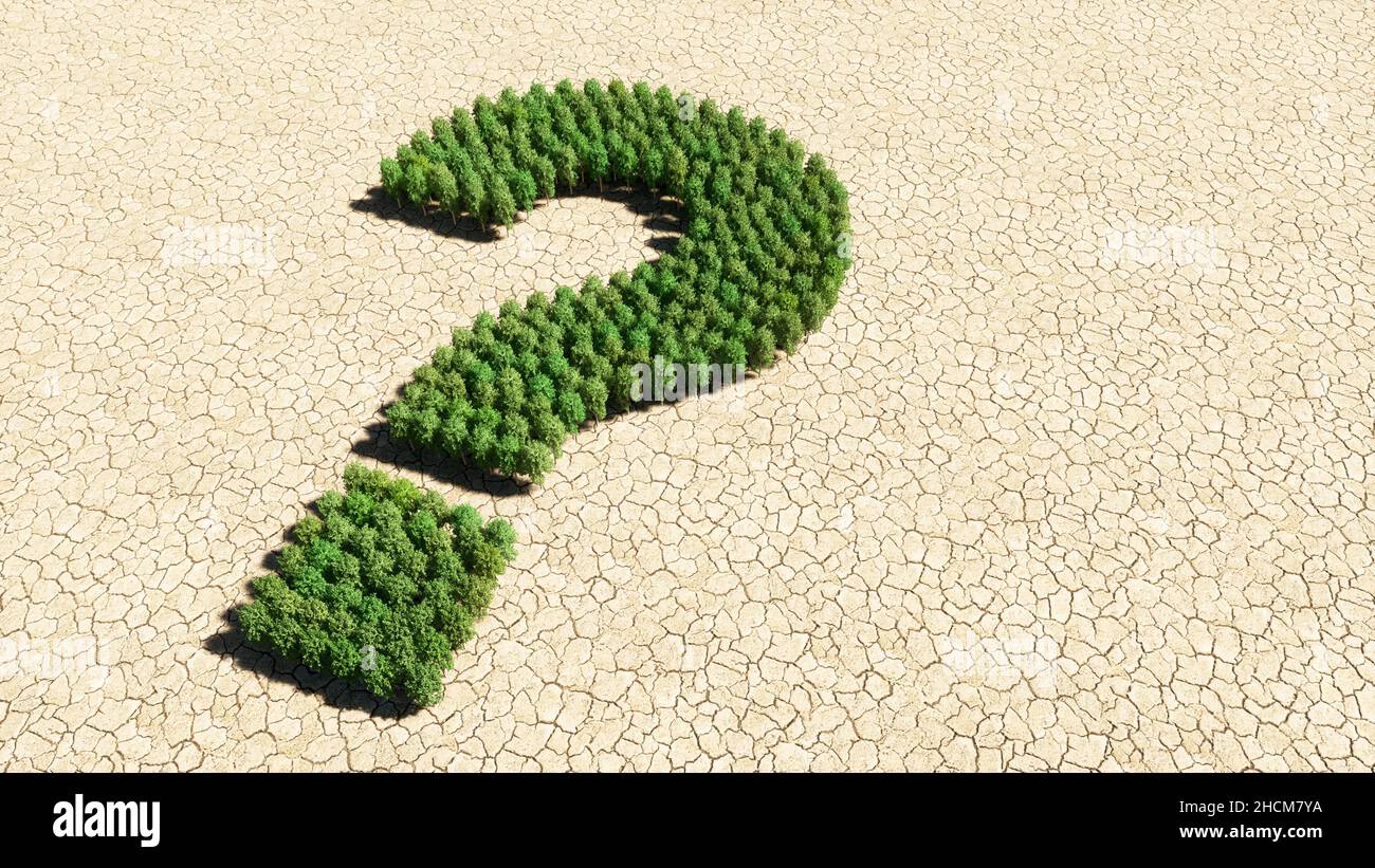 Concept or conceptual group of green forest tree on dry ground ...