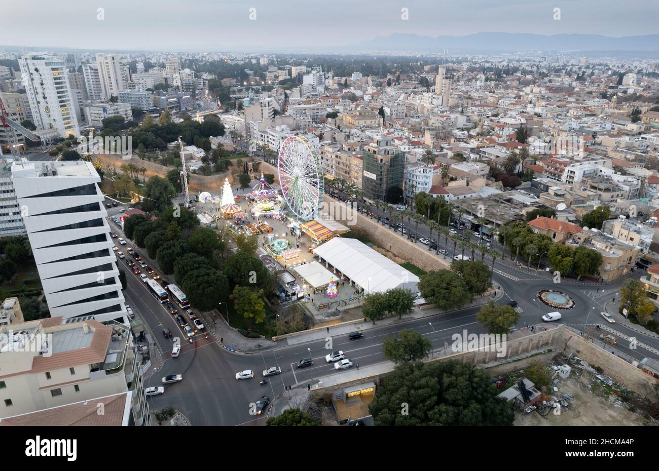 Aerial drone photograph of cityscape of Nicosia in Cyprus at sunset ...