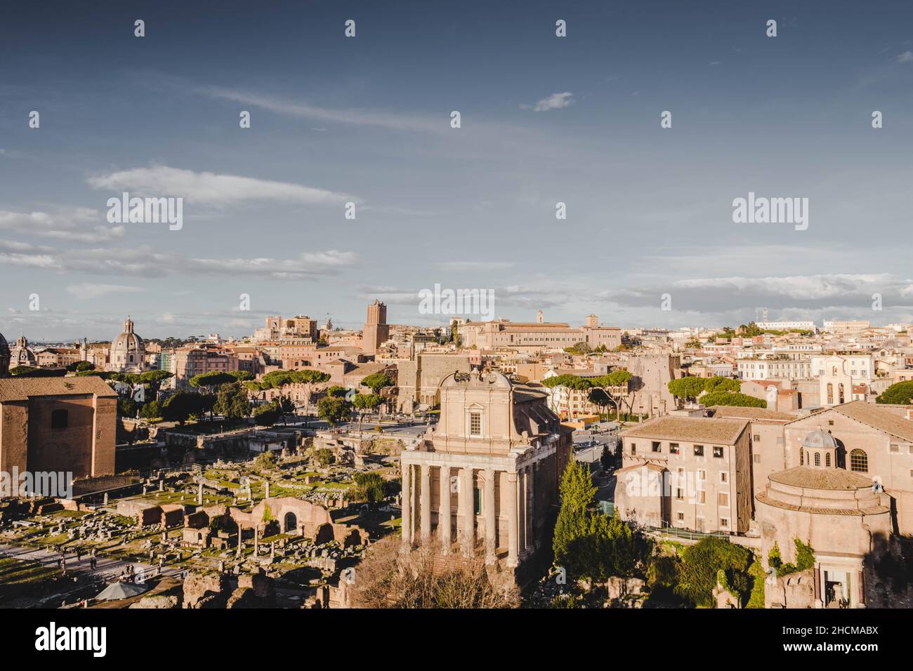 Landscape of the Roman Forum under a blue sky and sunlight in Rome ...