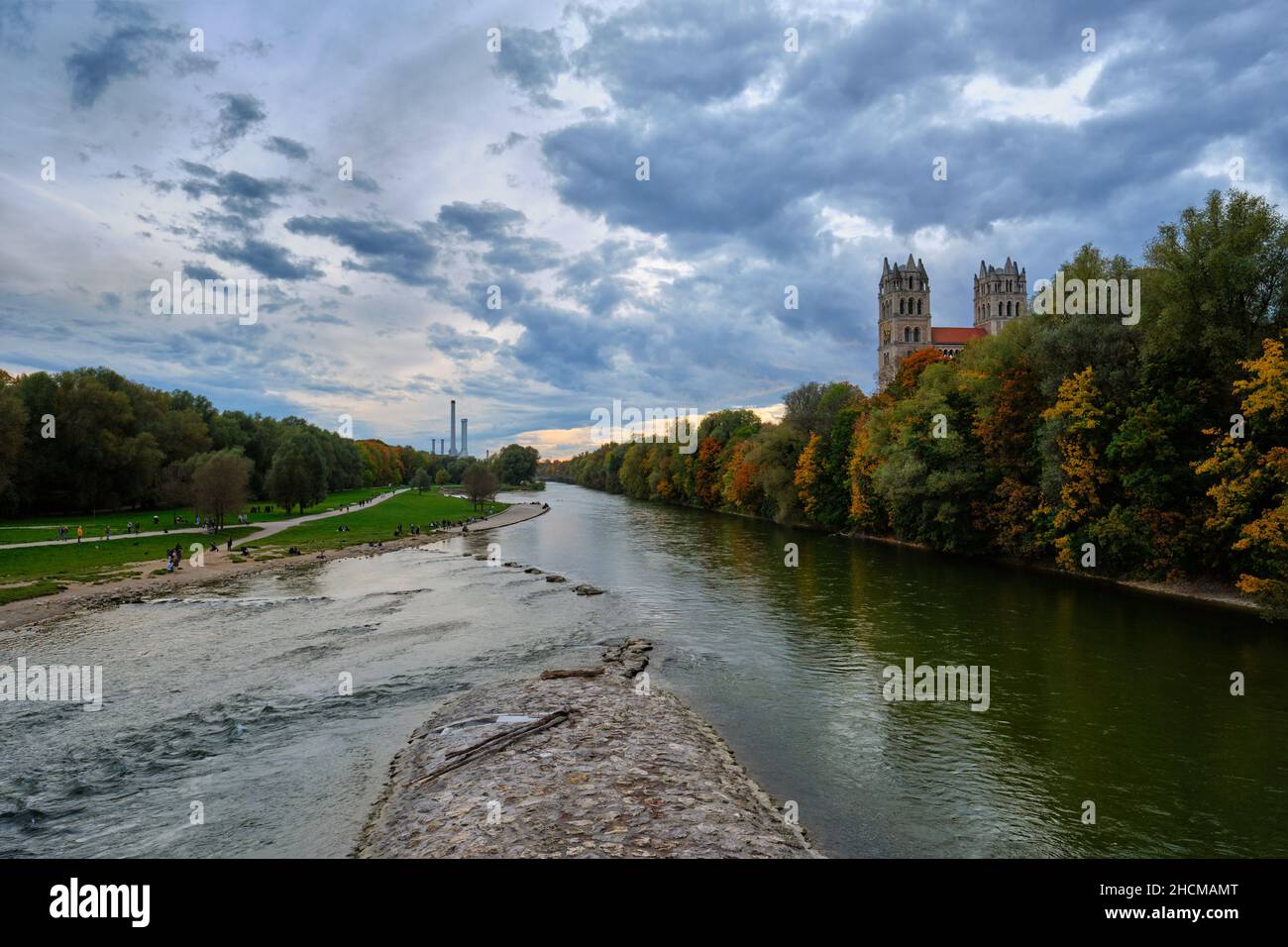 Isar river, park and St Maximilian church from Reichenbach Bridge ...