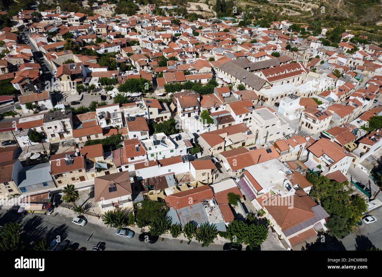 Aerial drone photograph of the mountain village of omodos. Larnaca ...