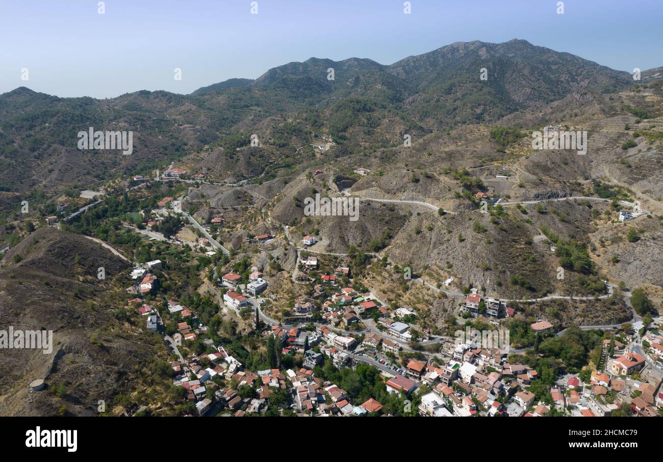 Aerial drone photograph of the mountain village of Palaichori. Nicosia ...