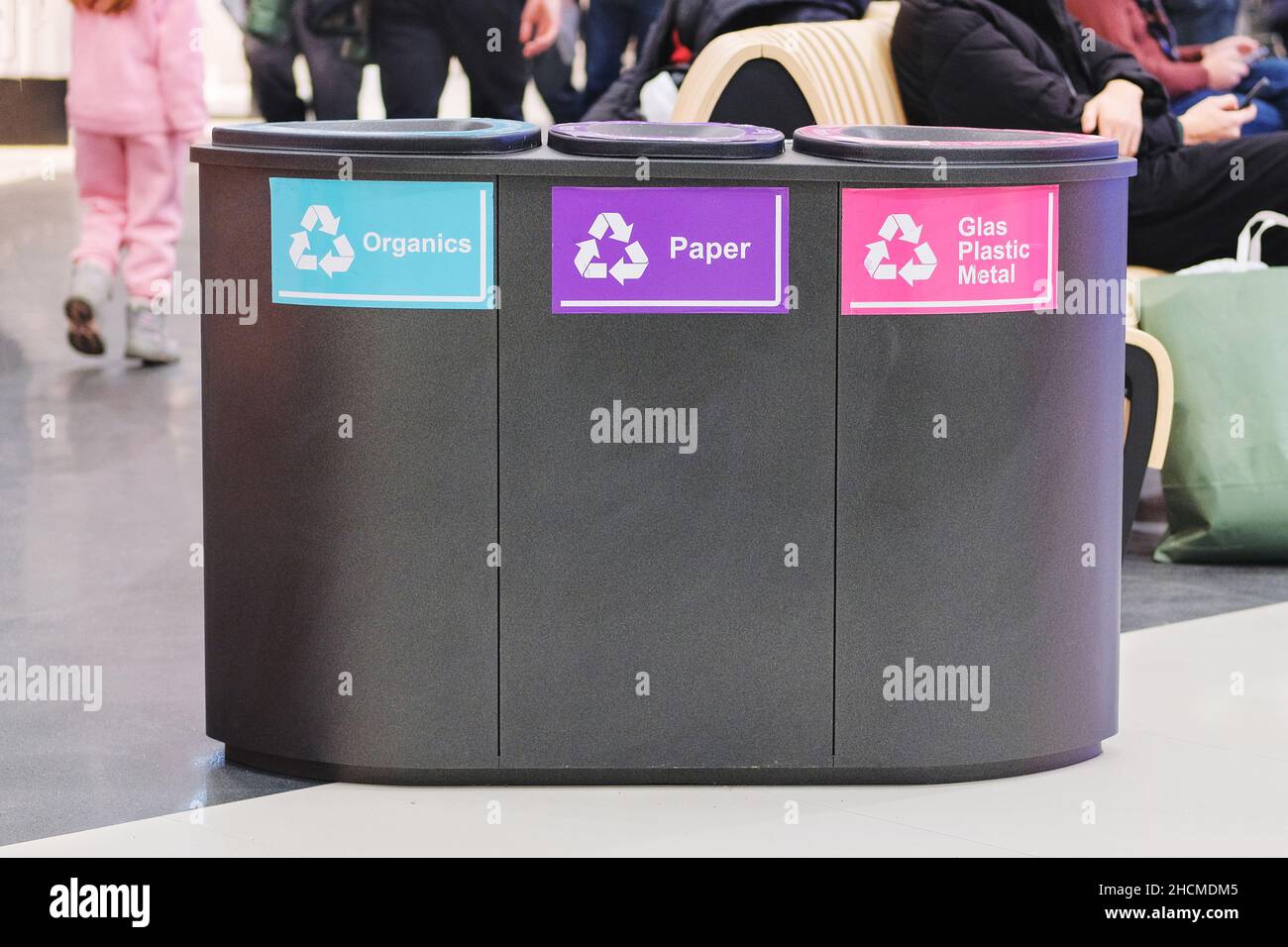 Waste recycling concept. Containers for metal, glass, paper, plastic ...