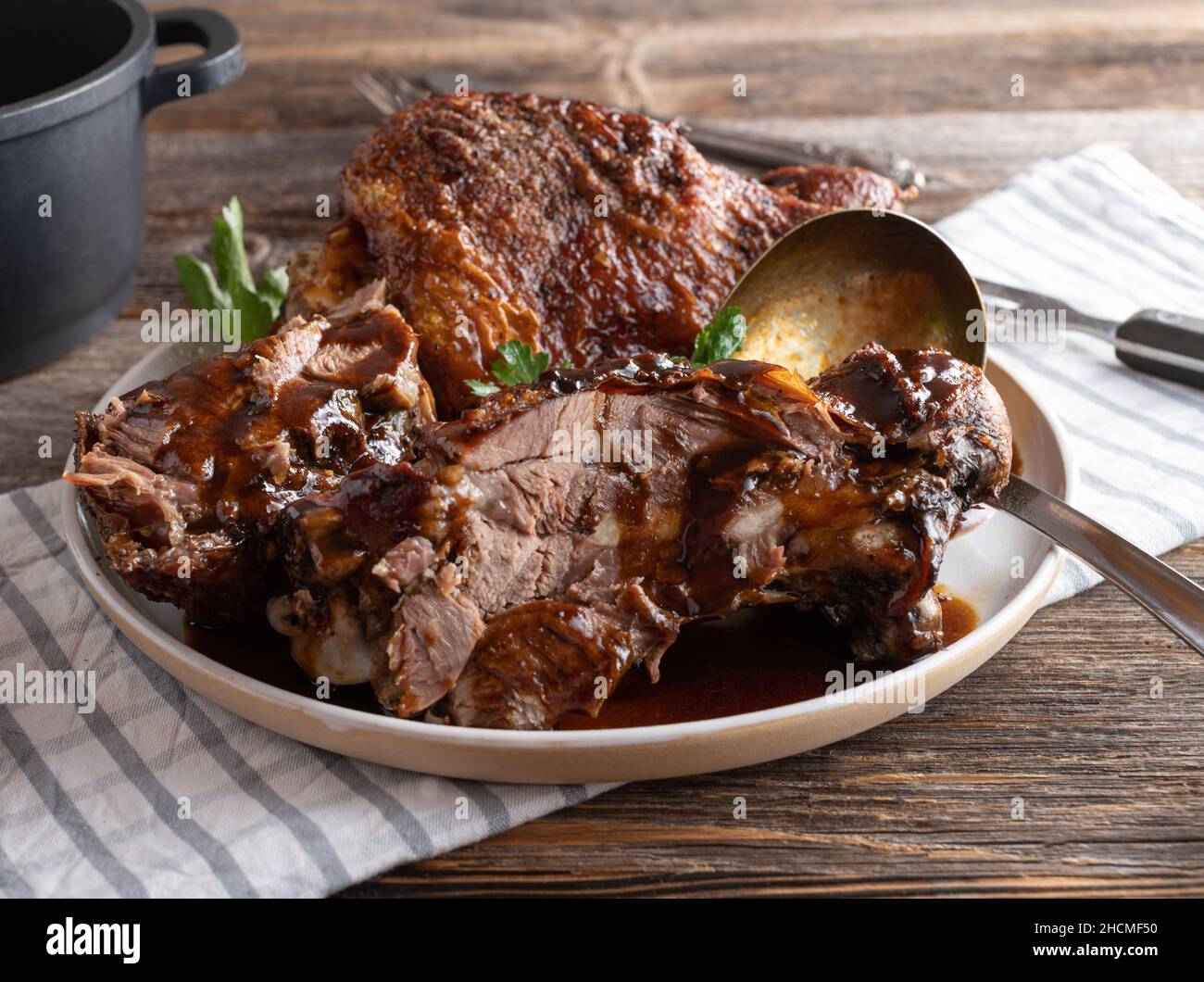 Braised turkey shanks or turkey legs with gravy Stock Photo - Alamy