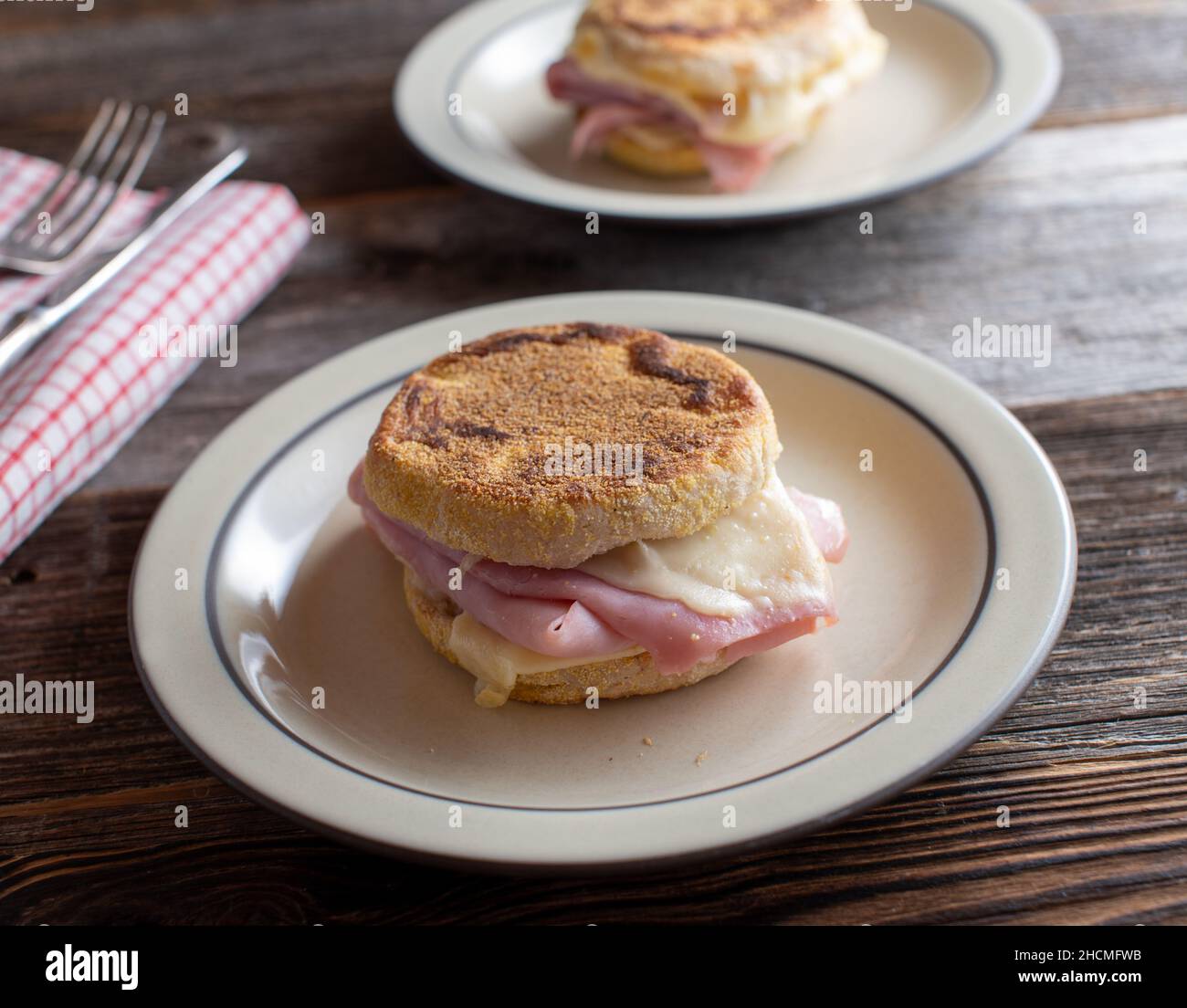 Rustic ham and cheese sandwich made with english muffin Stock Photo - Alamy