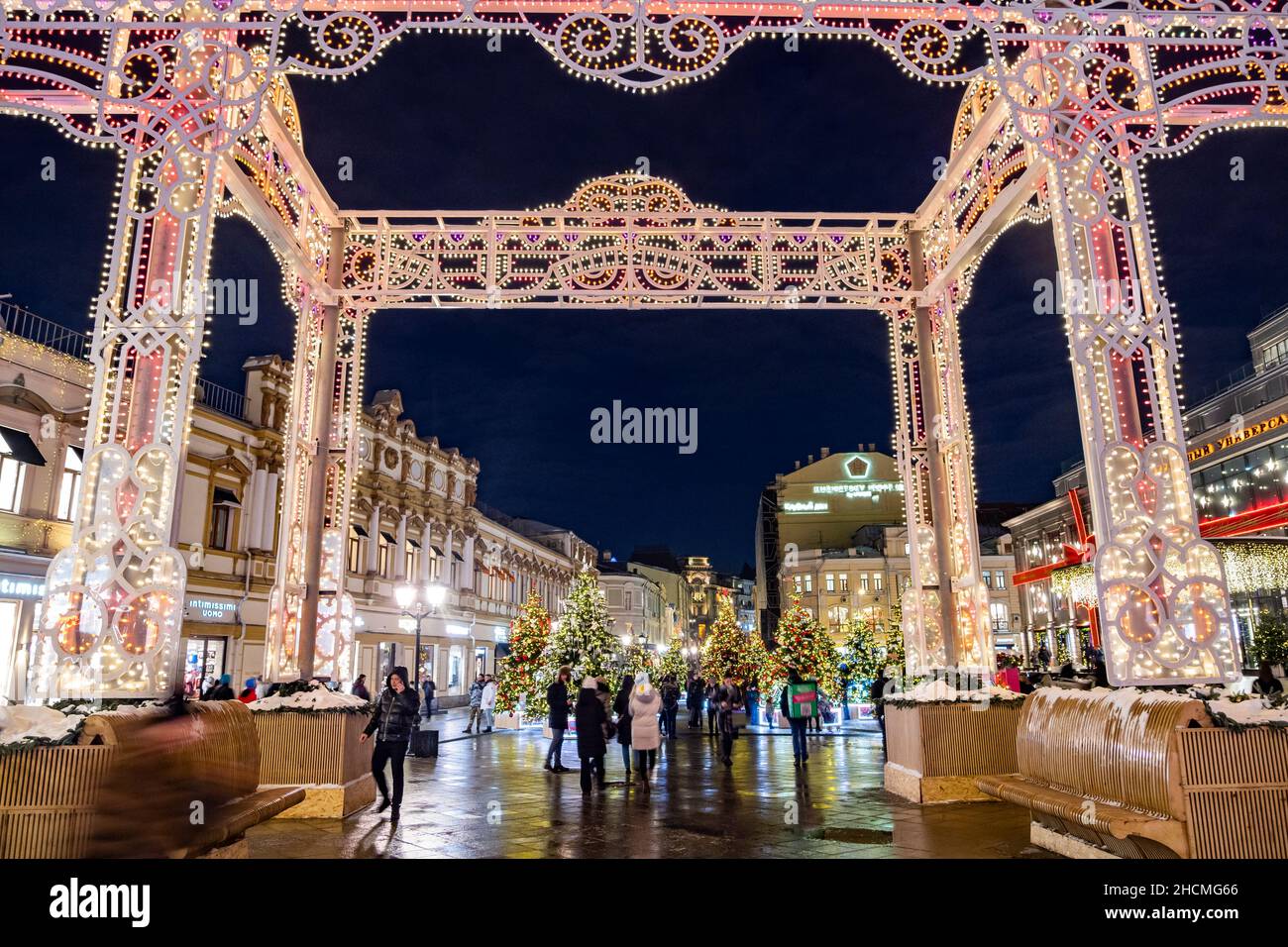 December 28, 2021. Russia, Moscow. Christmas trees are on display at an ...