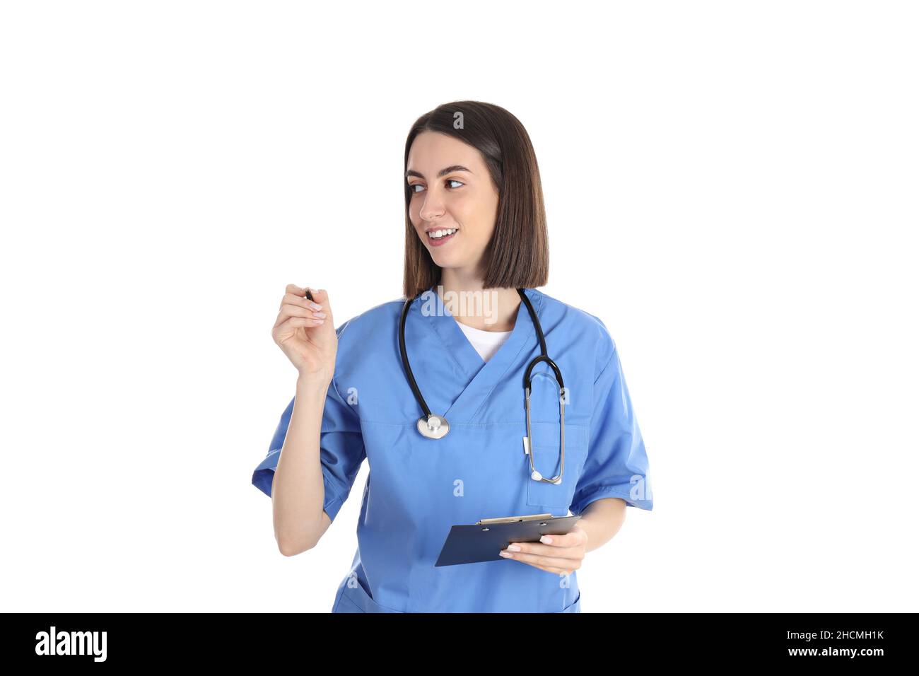 Female trainee nurse isolated on white background Stock Photo - Alamy