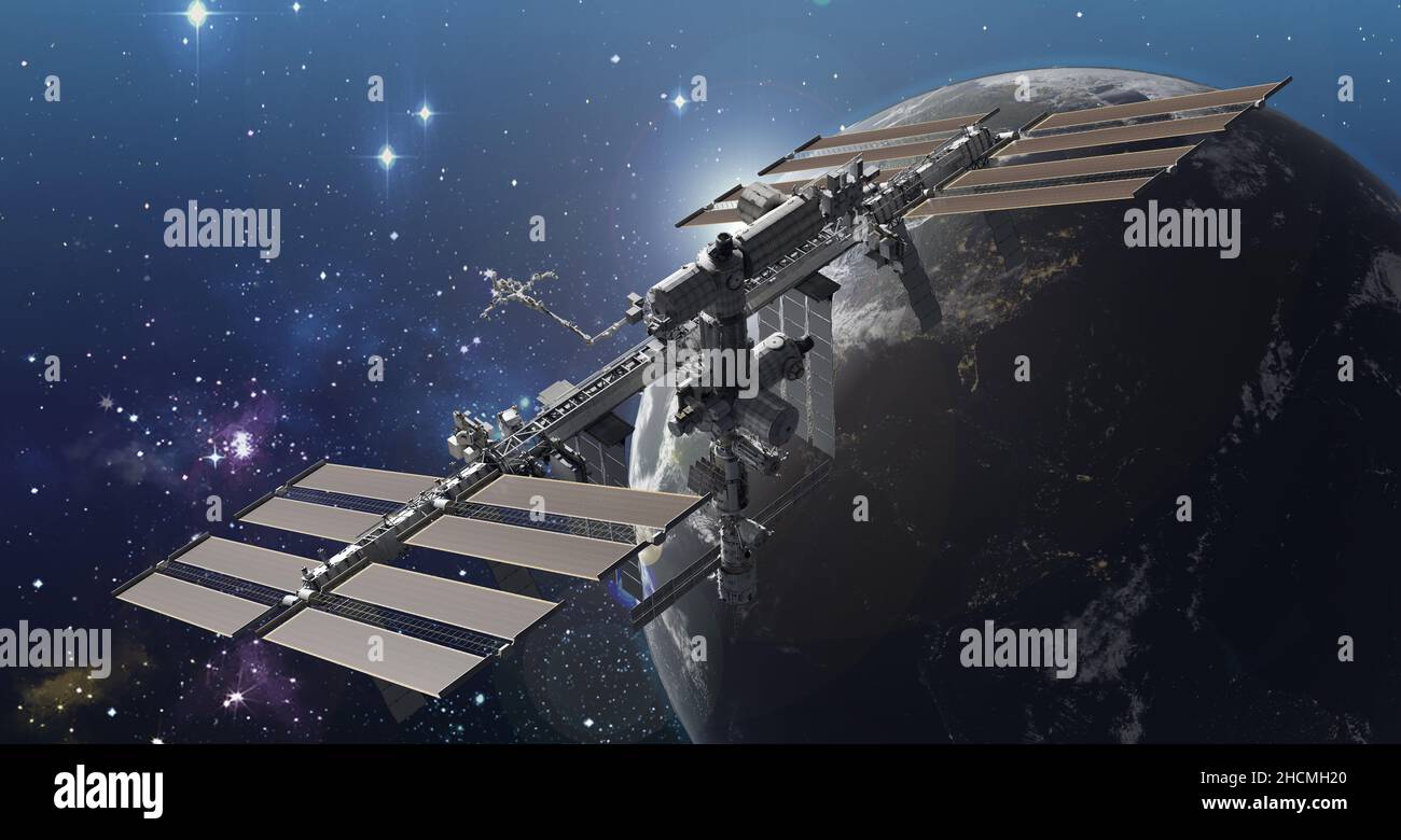The International Space Station over the planet Earth at sunrise over ...