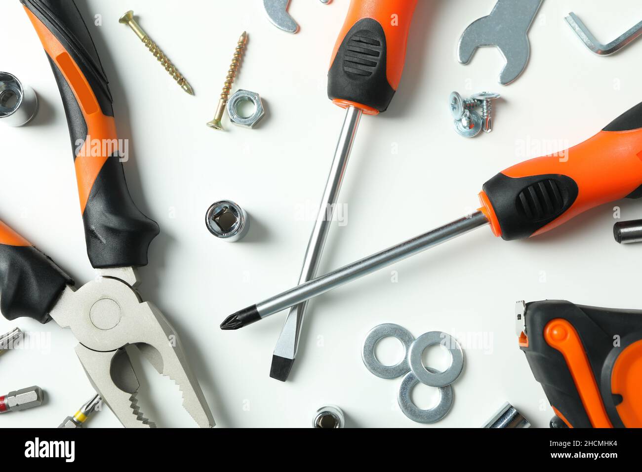 Work tools on white background, close up Stock Photo - Alamy