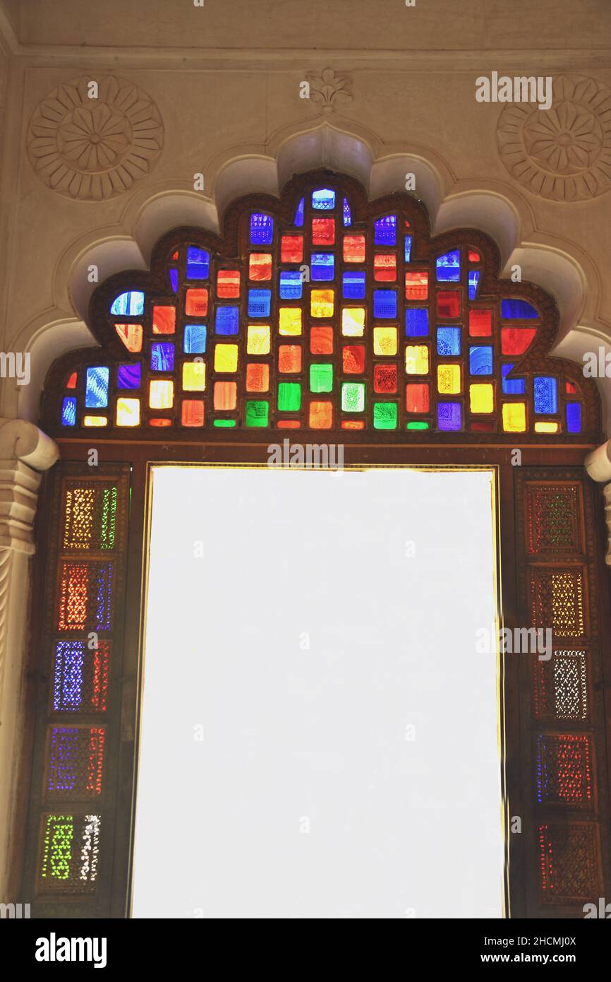 colourful window design at mehrangarh fort palace , rajasthan, india ...