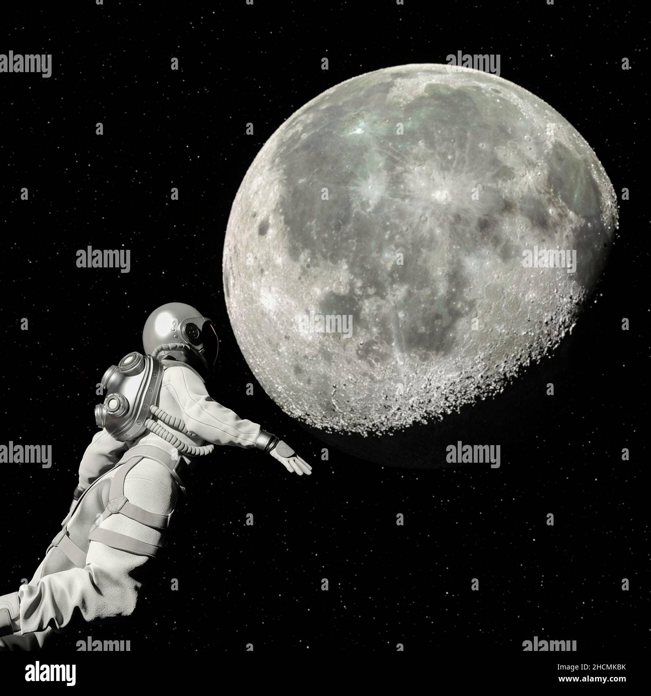 Astronaut walking in space with moon background - 3d rendering Stock ...