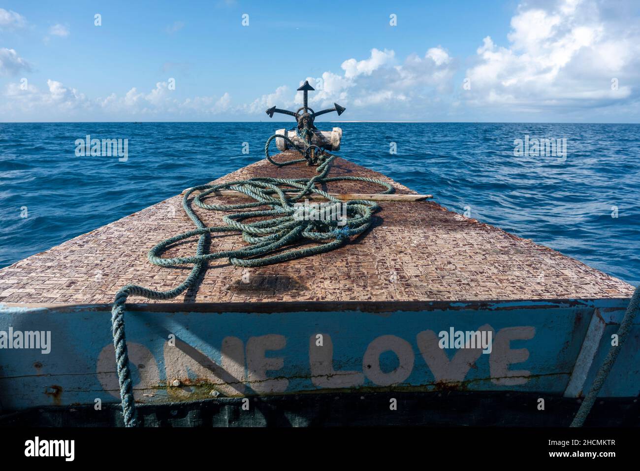 Bow side of Traditional Zanzibar Dhow boat with anchor and Rope Stock ...