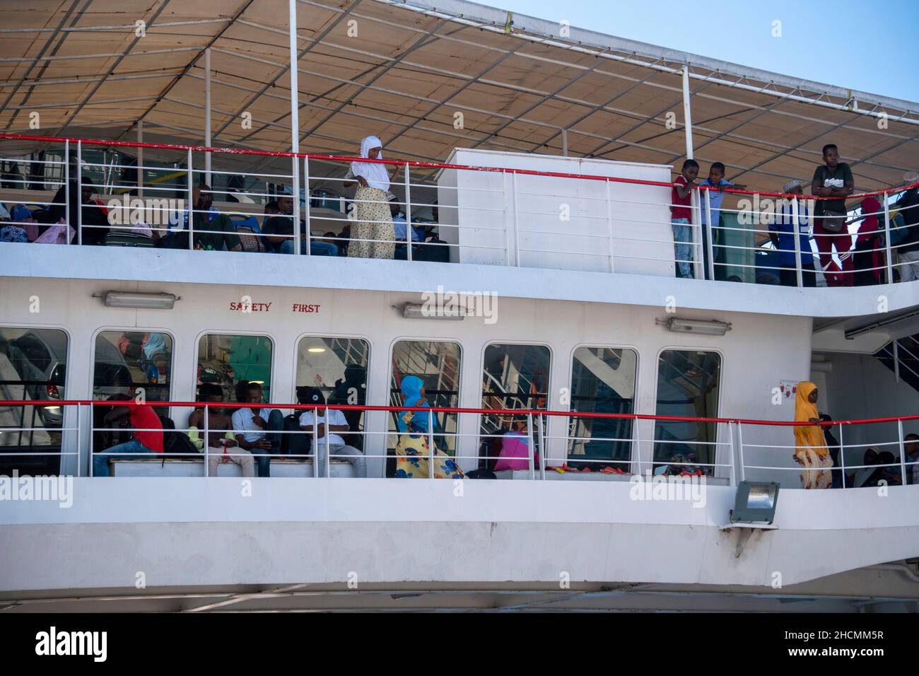 ZANZIBAR, TANZANIA - 5 JANUARY 2020: Black African People on the Ferry ...
