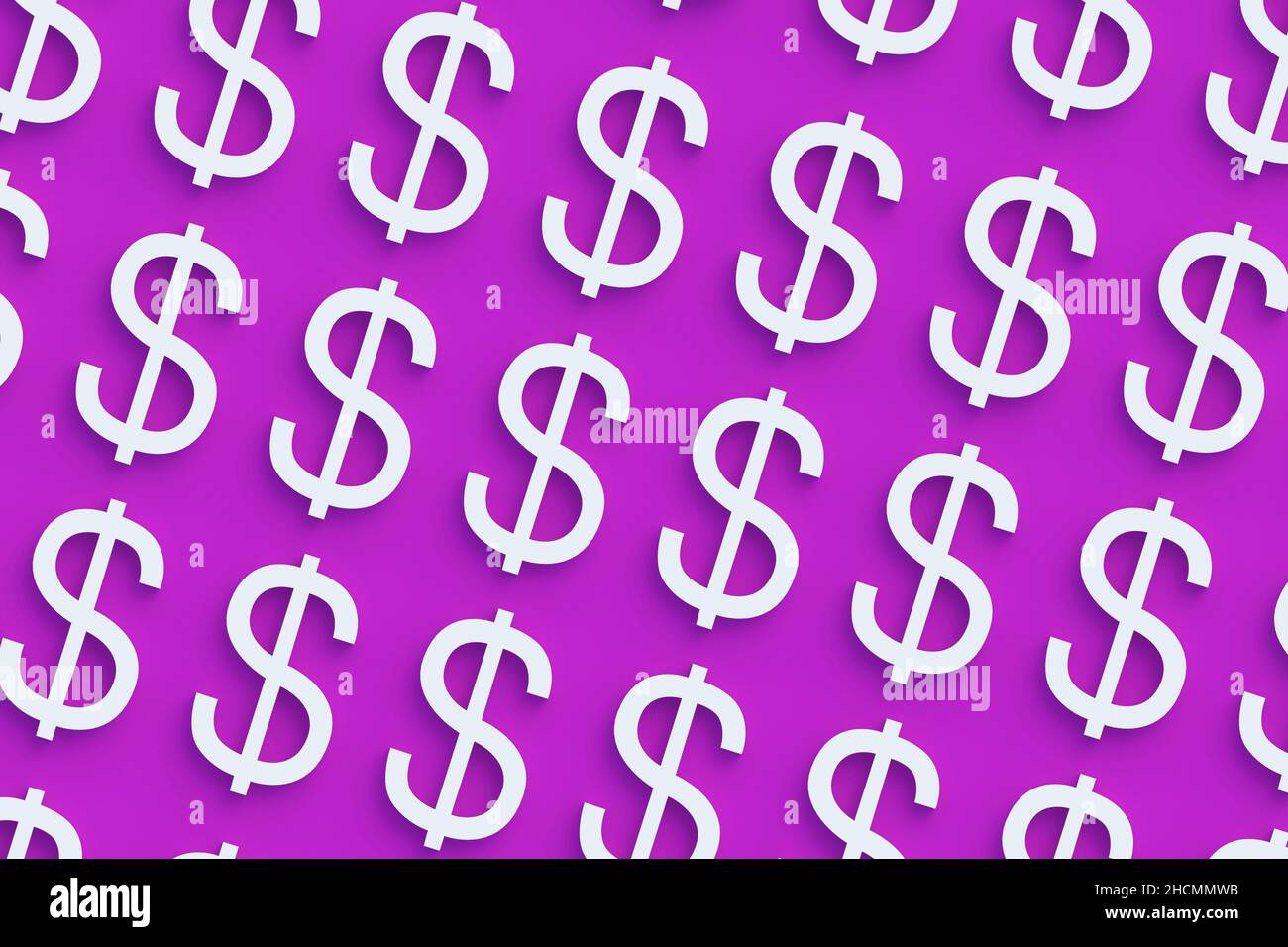 Rows of dollar sign of white color on violet color. Top view. 3d render ...