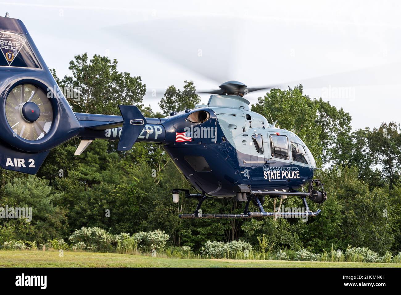 Helicopter From The Massachusetts State Police Air Wing Flying Stock