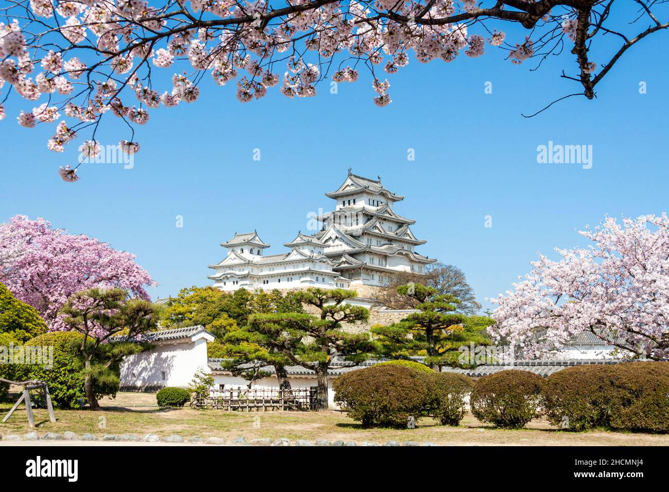 The main keep of Himeji castle seen from the West Bailey with dobei ...