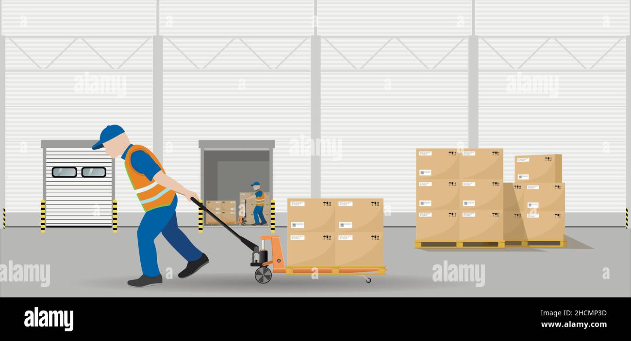 A working loader moves pallets with crates using a hand pallet truck ...