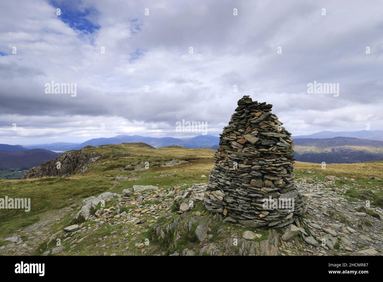 The summit cairn of High Spy fell, Lake District National Park, Cumbria ...