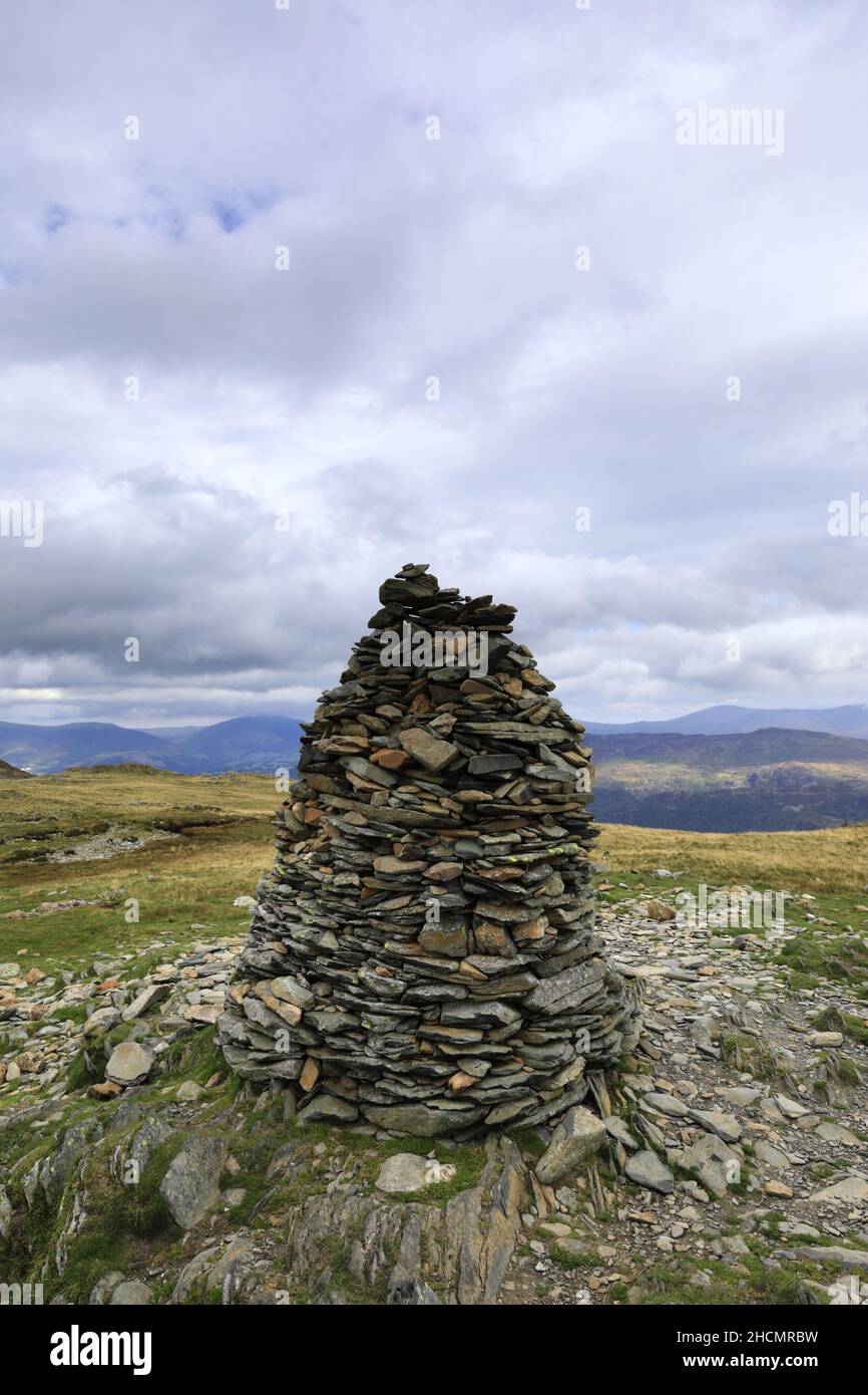 The summit cairn of High Spy fell, Lake District National Park, Cumbria ...