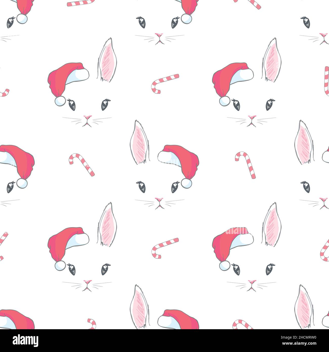 Rabbits wearing Santa's hats, cute vector, seamless pattern, bunny ...