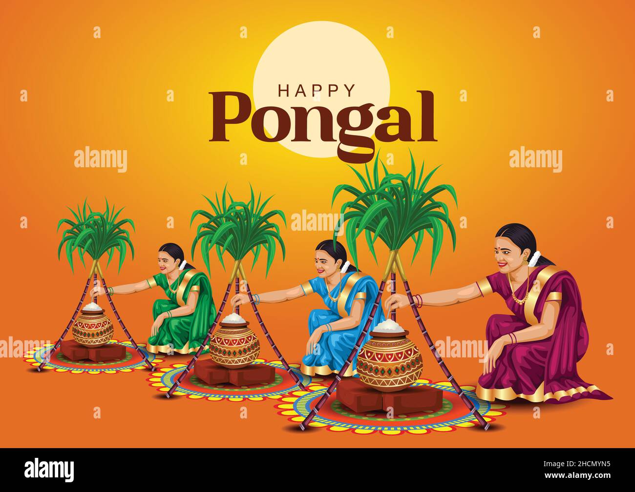 Happy Pongal celebration with sugarcane, Rangoli and pot of rice. Tamil ...