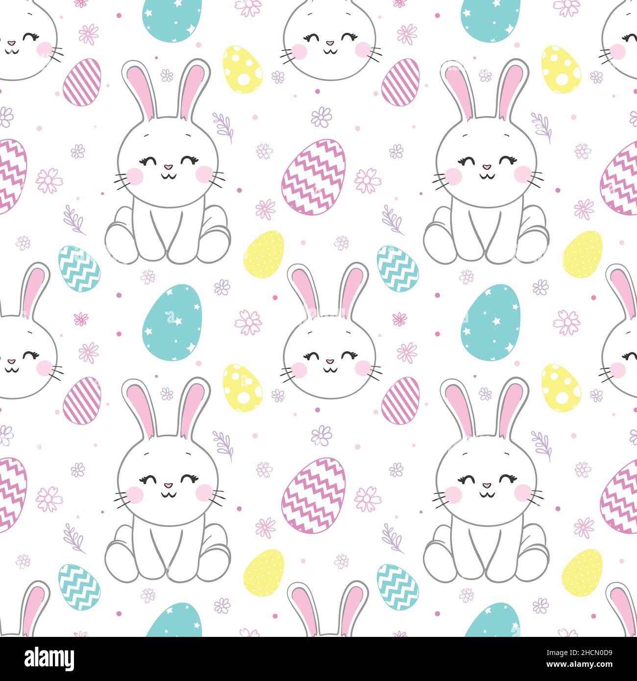 Seamless pattern with daisy garden and rabbits on pink background ...