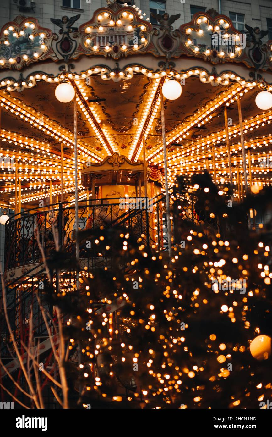 Magic golden retro children's magic carousel with horses Merry-go-round ...