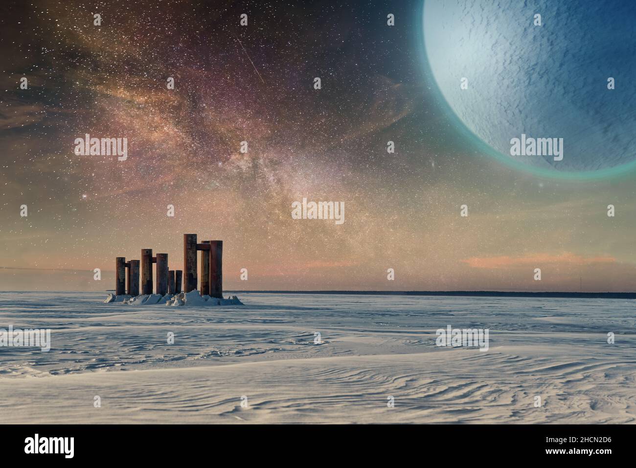 Fantastic landscape with a frozen icy surface, a starry sky and a ...