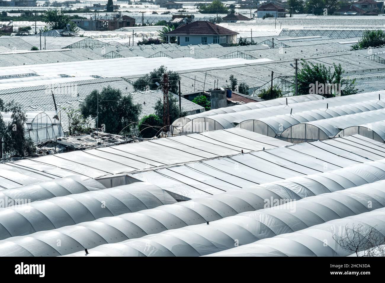 landscape of Demre town in southern Turkey with roofs of agricultural ...