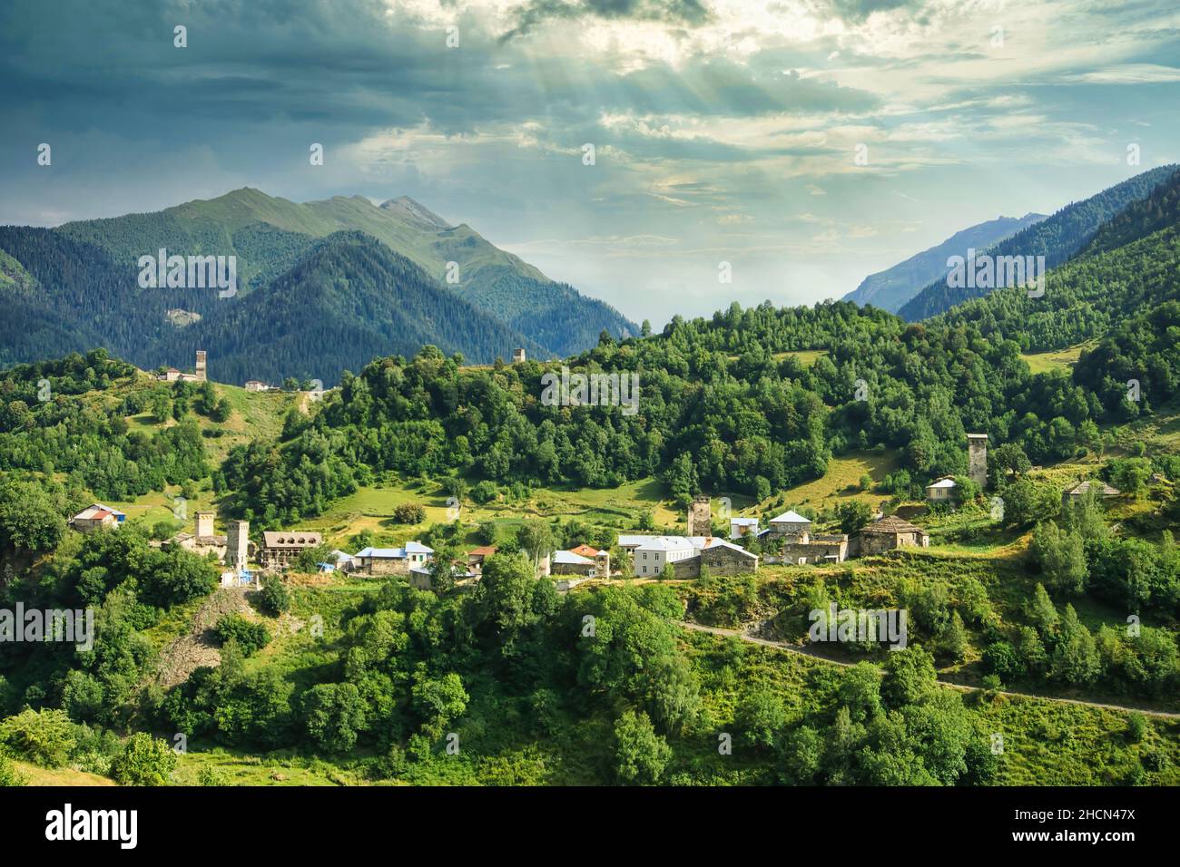Ushguli village with rock tower houses in Svaneti, Georgia with a view ...