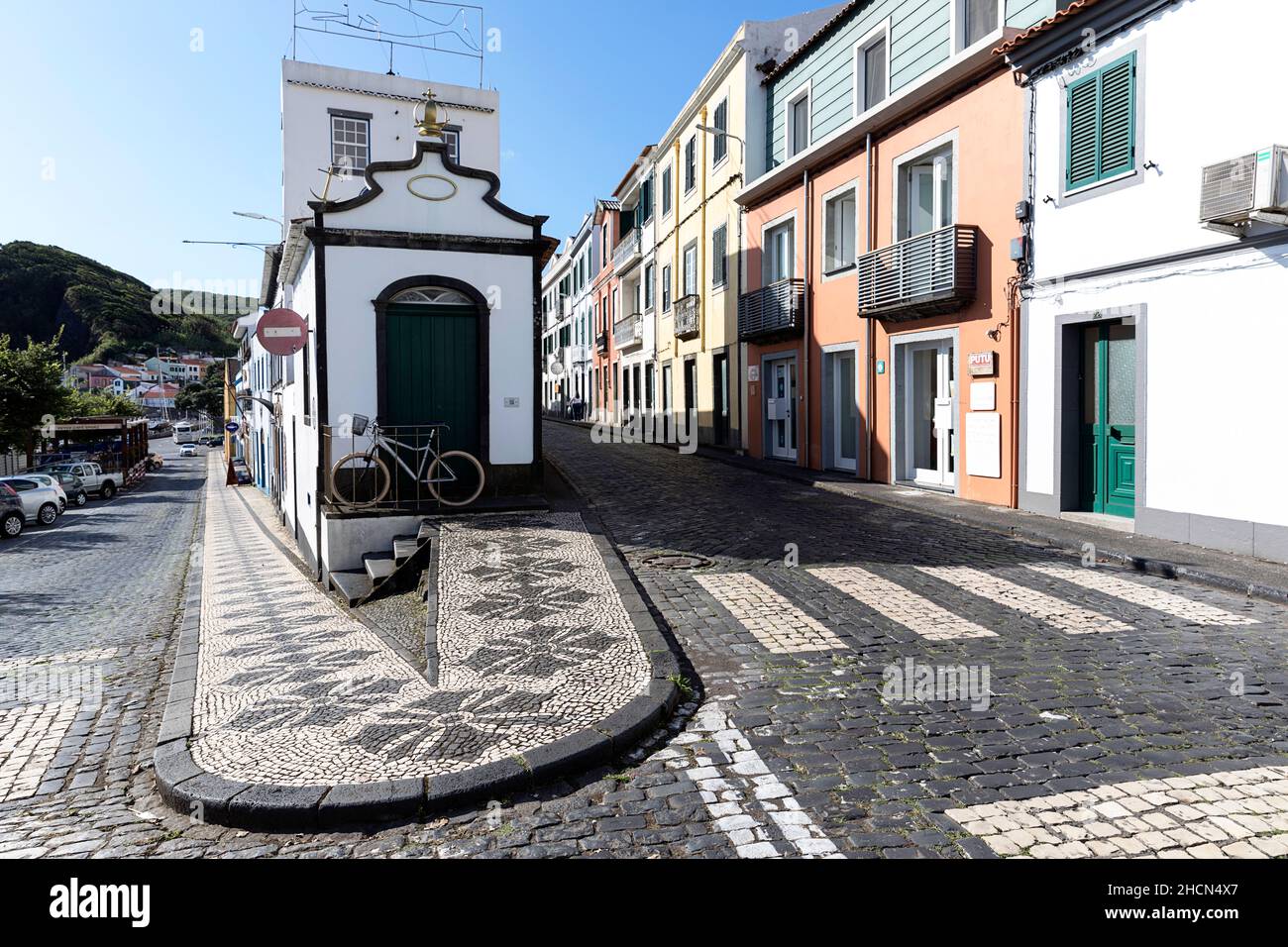 Narrow cobbled streets in the town of Horta, Faial, Azores, Portugal ...