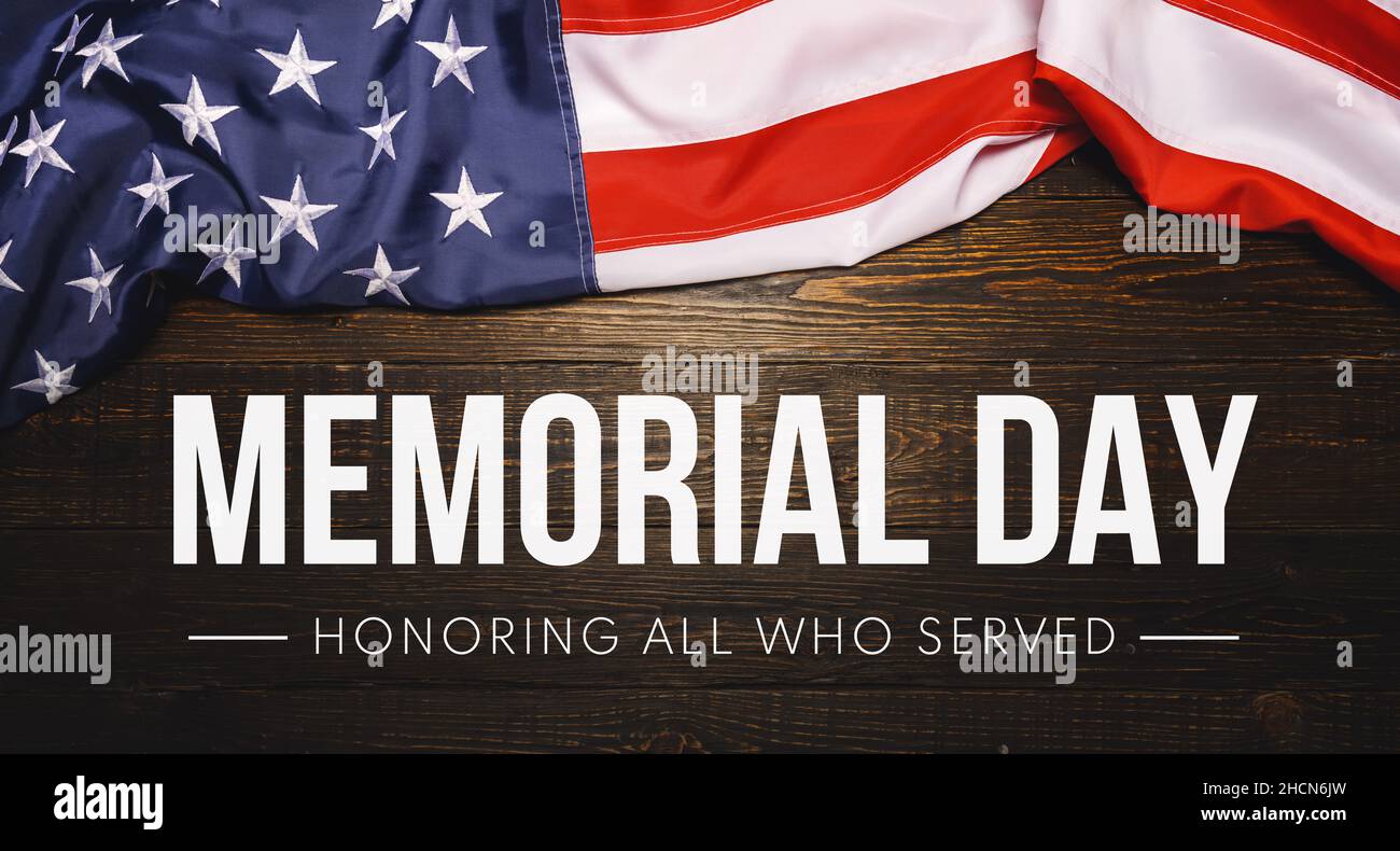 Memorial Day lettering backdrop, with American flag on old wood ...