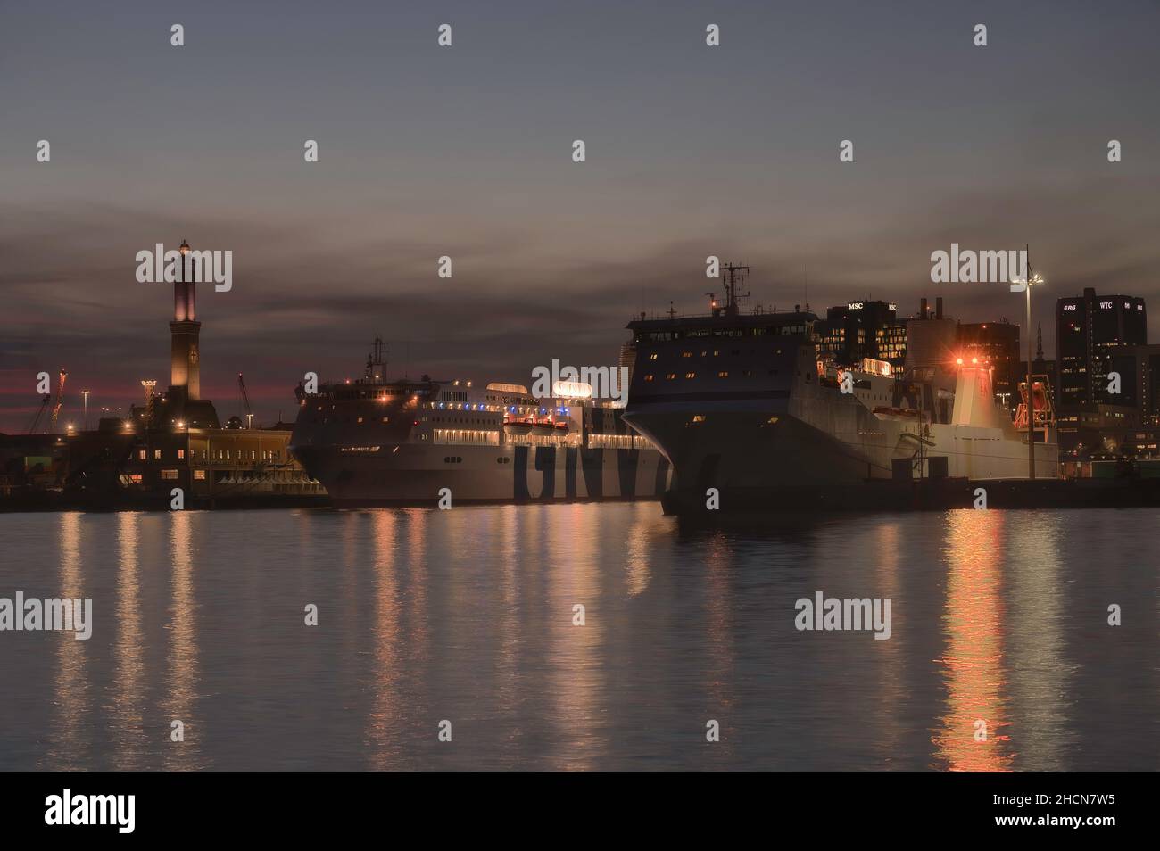 Port of Genoa at night, wonderful scenery, beauty and reflections Stock ...