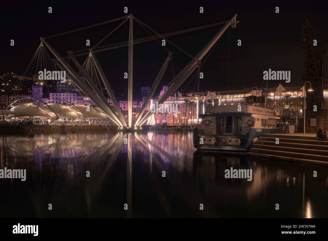 Port of Genoa at night, wonderful scenery, beauty and reflections Stock ...