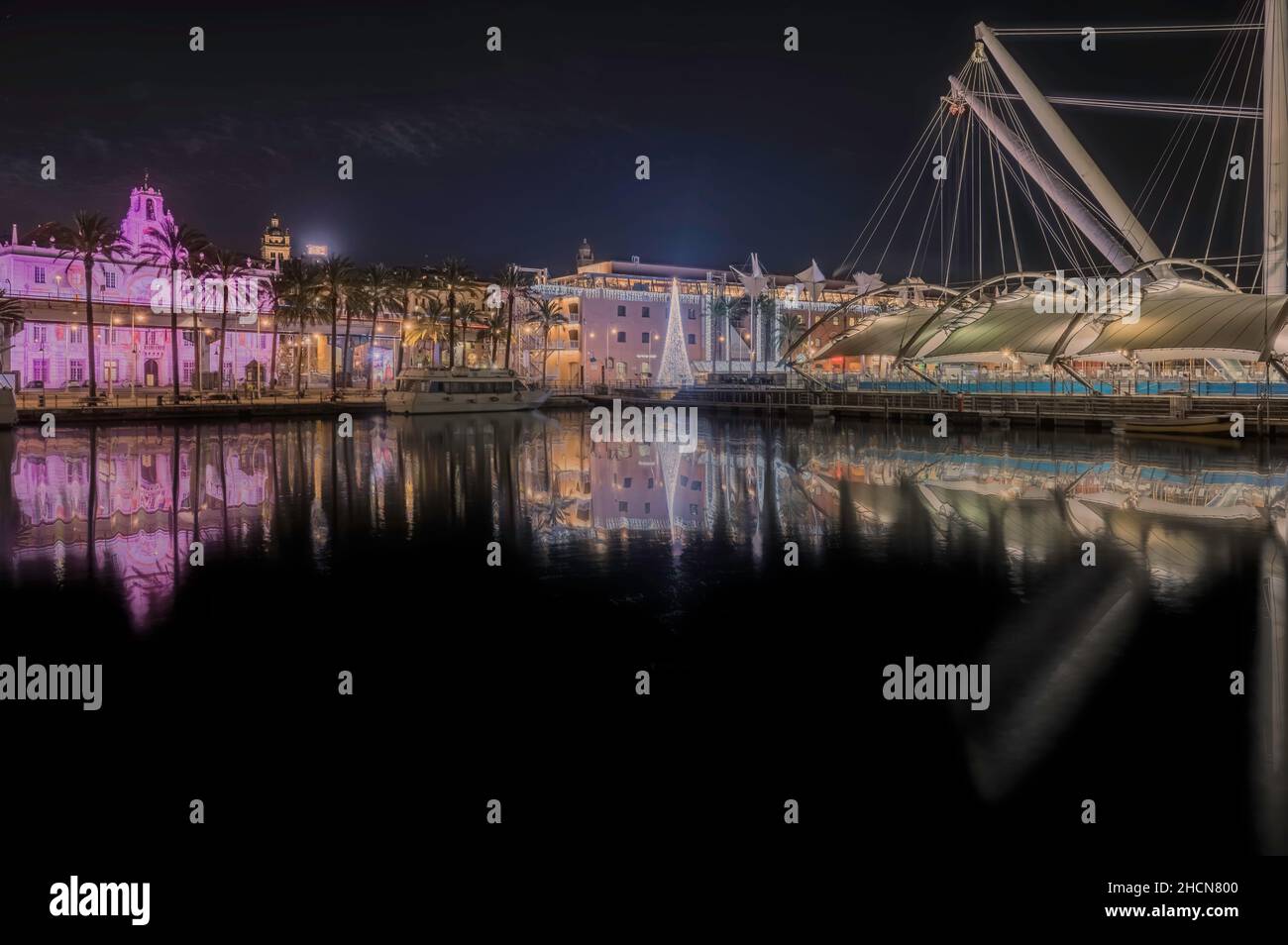 Port of Genoa at night, wonderful scenery, beauty and reflections Stock ...