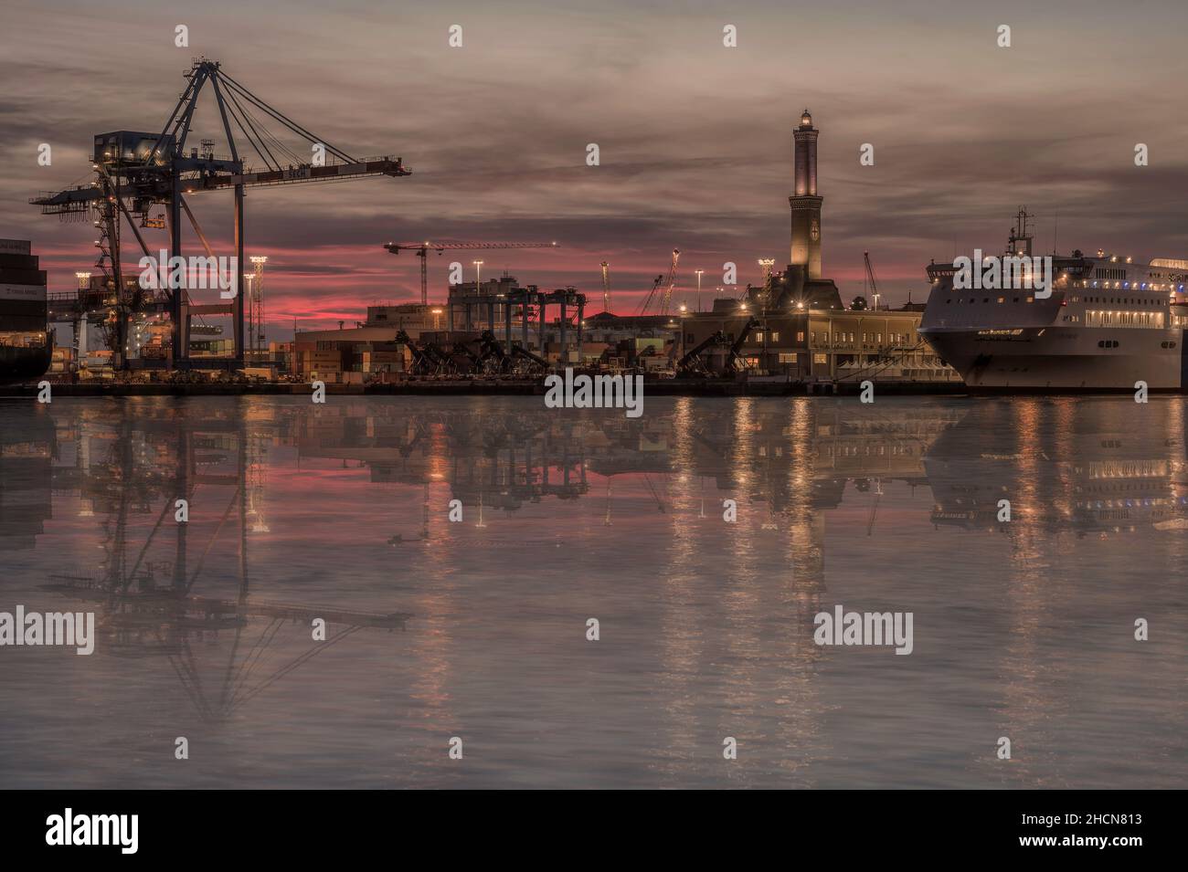 Port of Genoa at night, wonderful scenery, beauty and reflections Stock ...