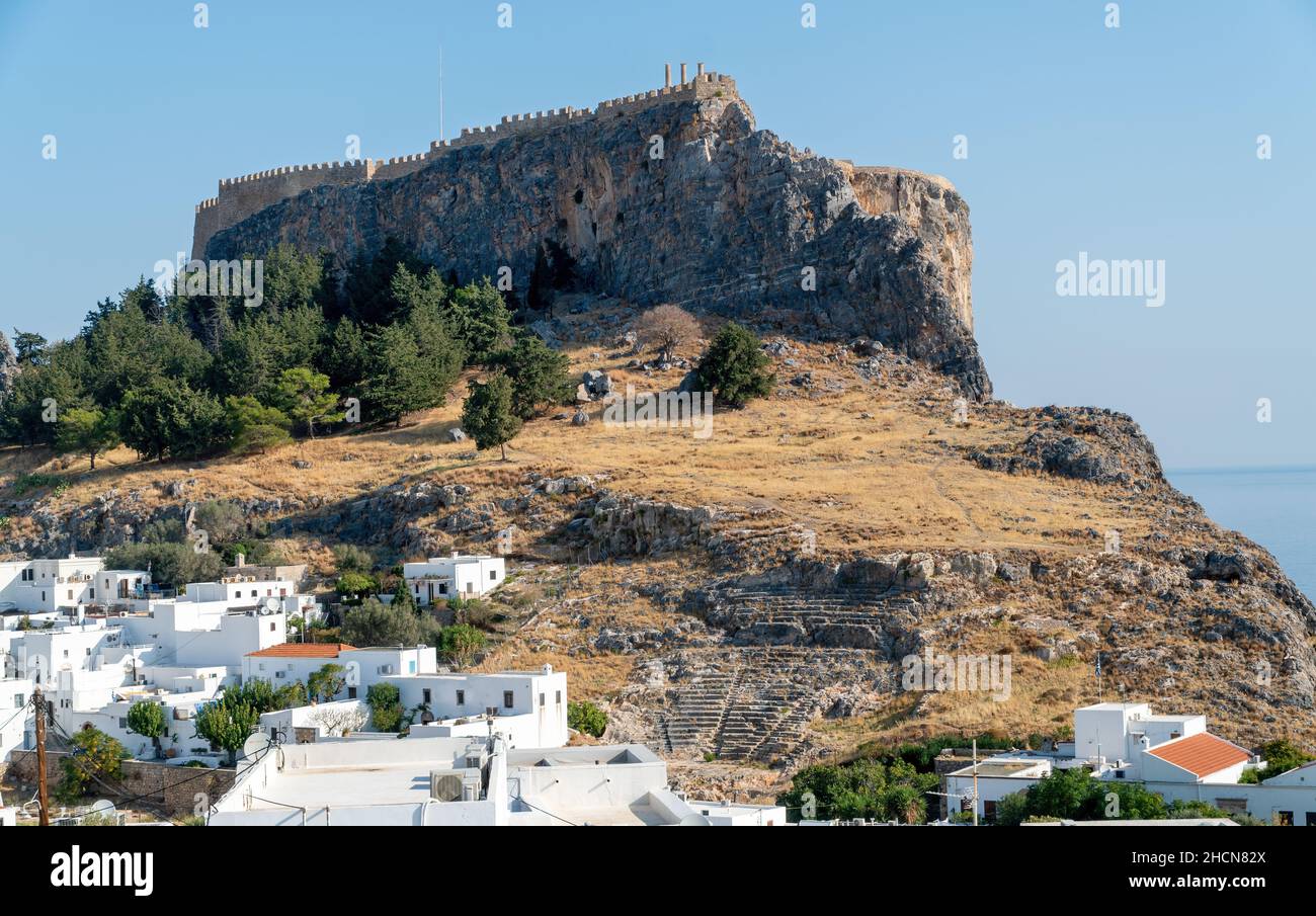 View of the Rock of Lindos complete with city, theater and Acropolis ...