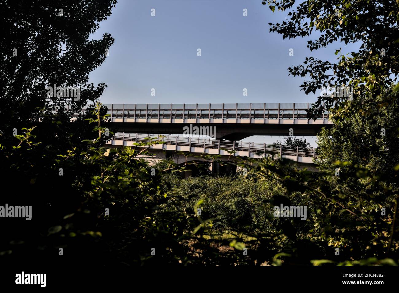 Small viaduct in the countryside framed by trees and a clear sky Stock ...