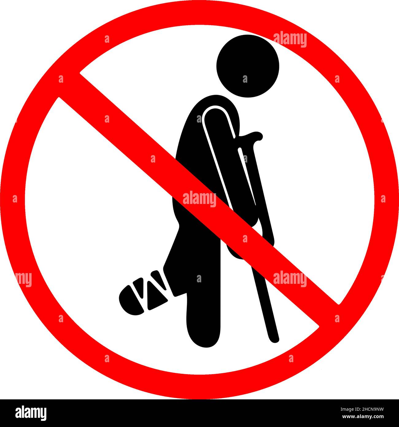 injured man in bandage with crutches allowed red circle road sign ...