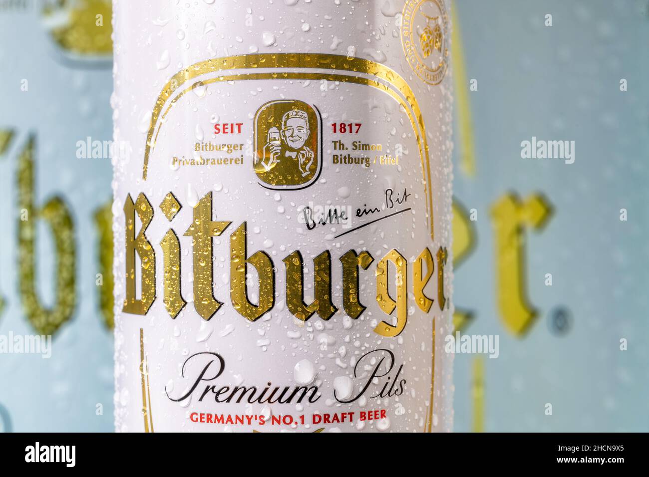 Label design of a Bitburger Premium Pils beer can. Dec. 30, 2021 Stock ...