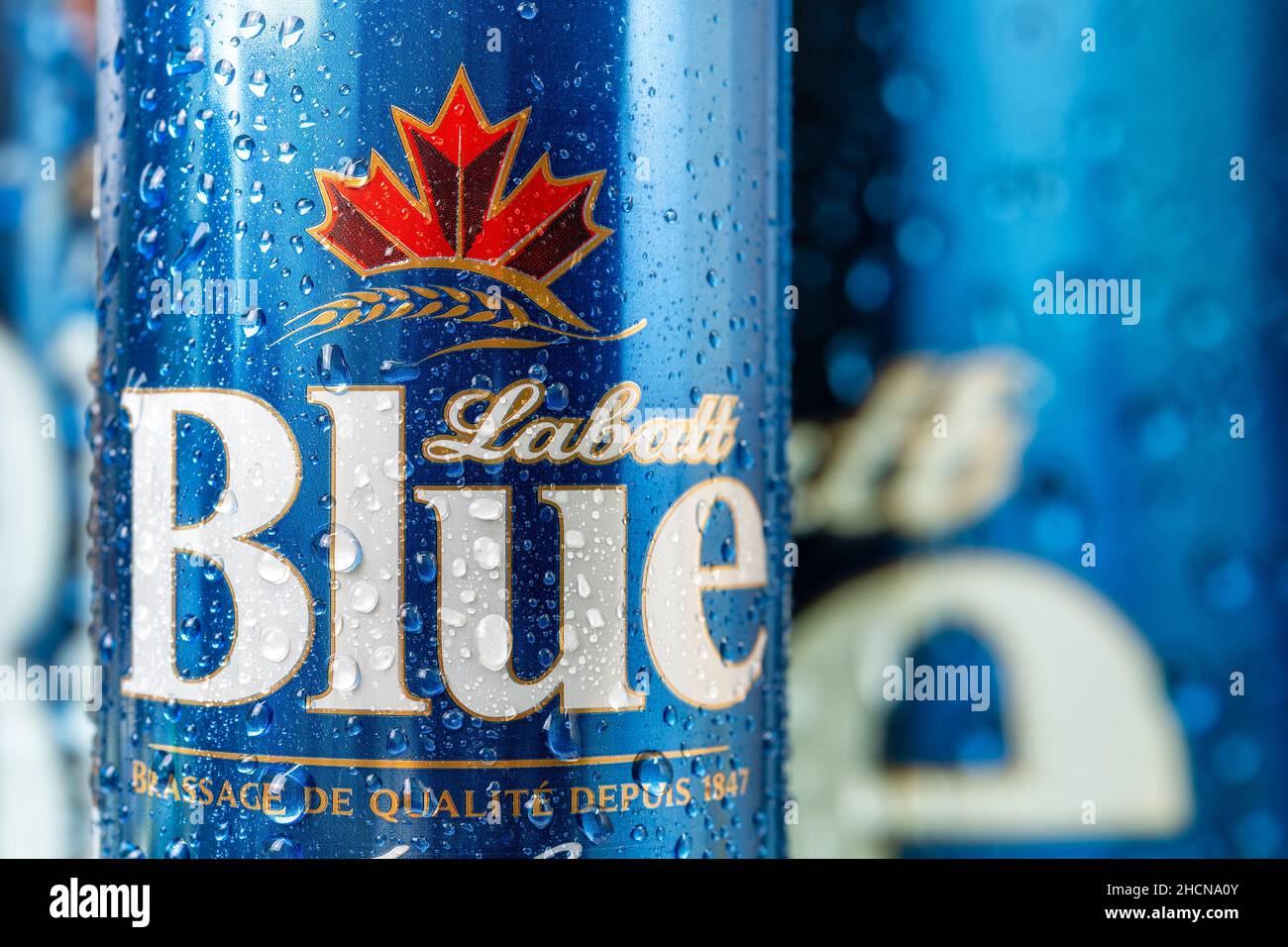 Label of a Canadian Labbatt Blue beer can.Dec. 30, 2021 Stock Photo - Alamy