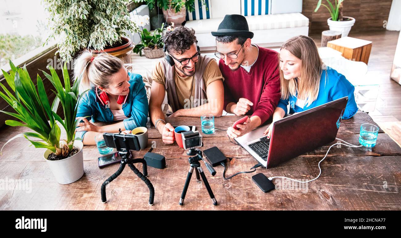 Milenial people sharing content on streaming platform with digital web ...