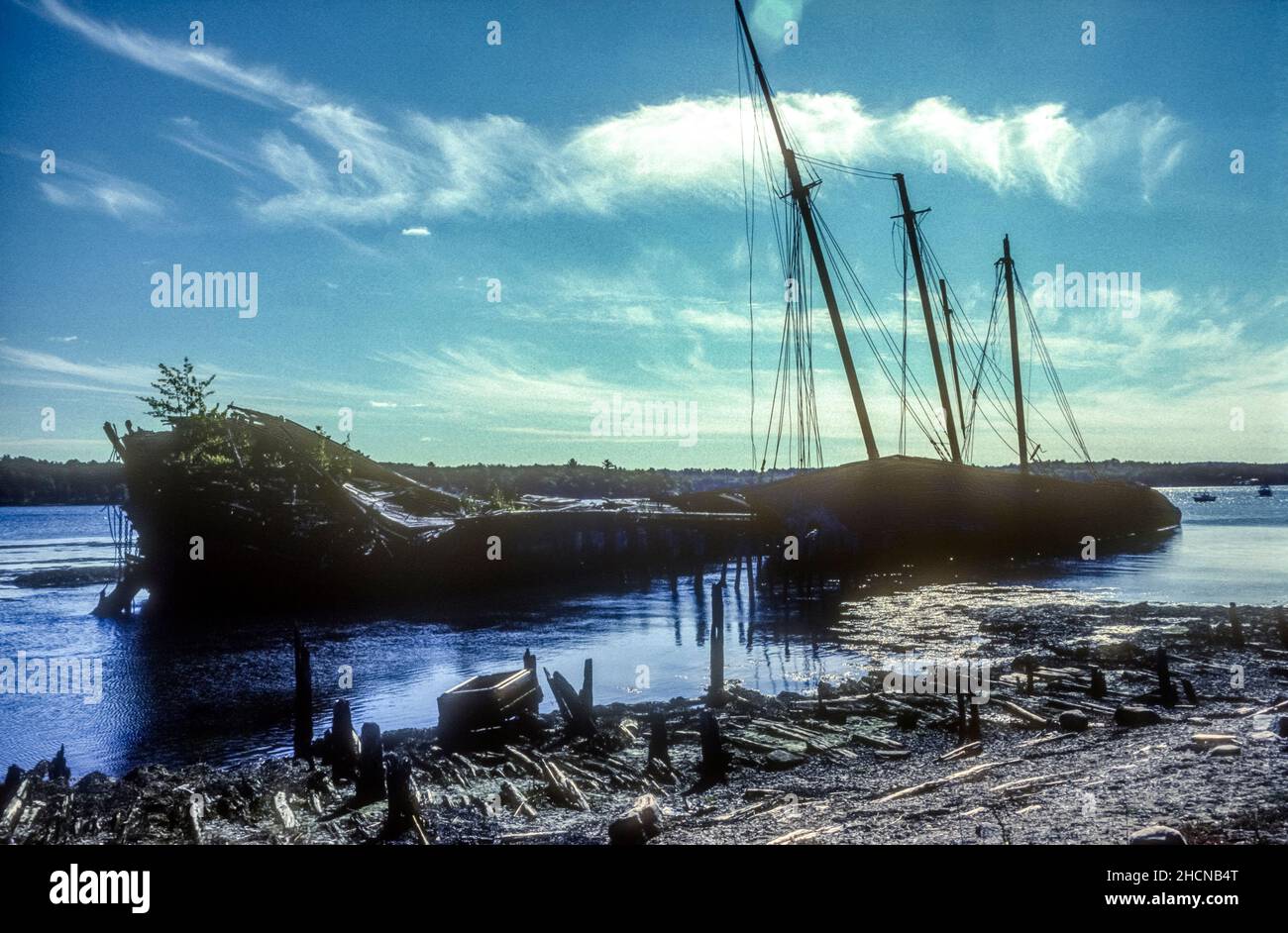 1990 archive photograph of the wrecks of four-masted schooners Hesper ...