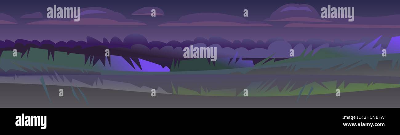 Nearby meadow. Night rural landscape. View of farm garden fields and ...